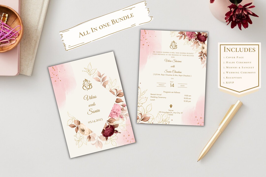 DIY Beautiful Floral Hindu Wedding Invitation Bundle Instant Download ...