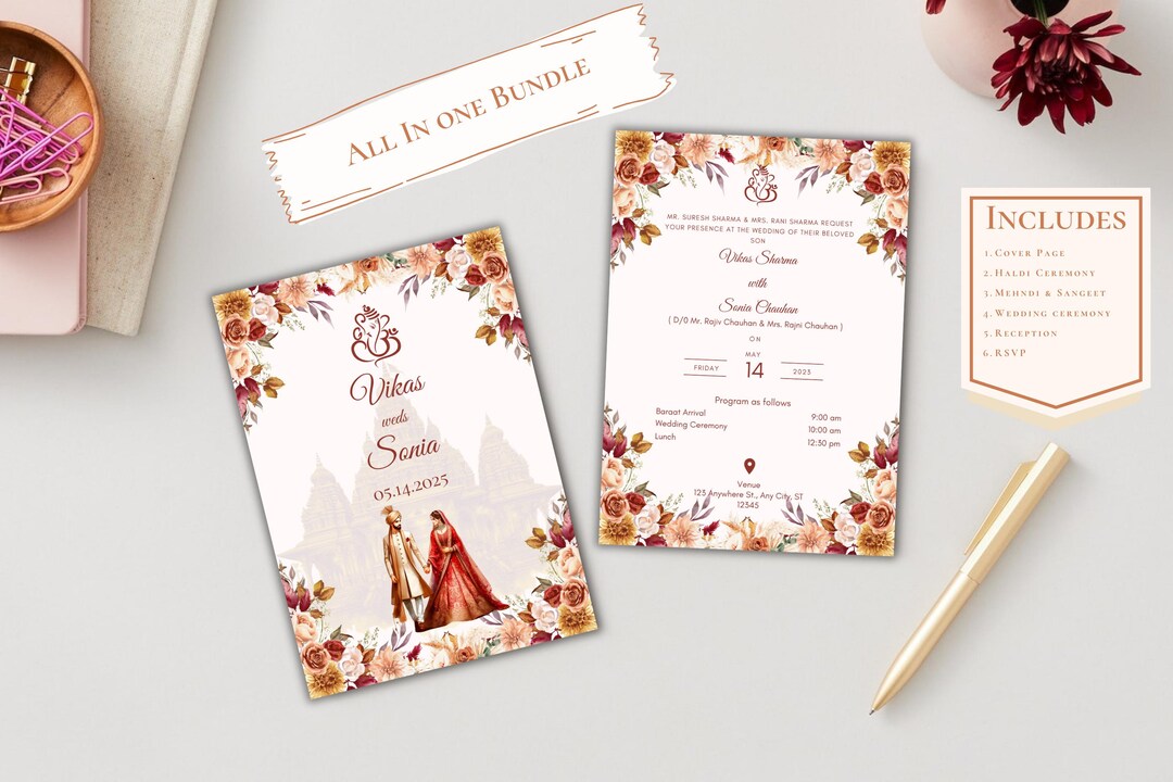 Hindu Wedding Invitation Bundle Fall Foliage Theme Illustration Instant ...
