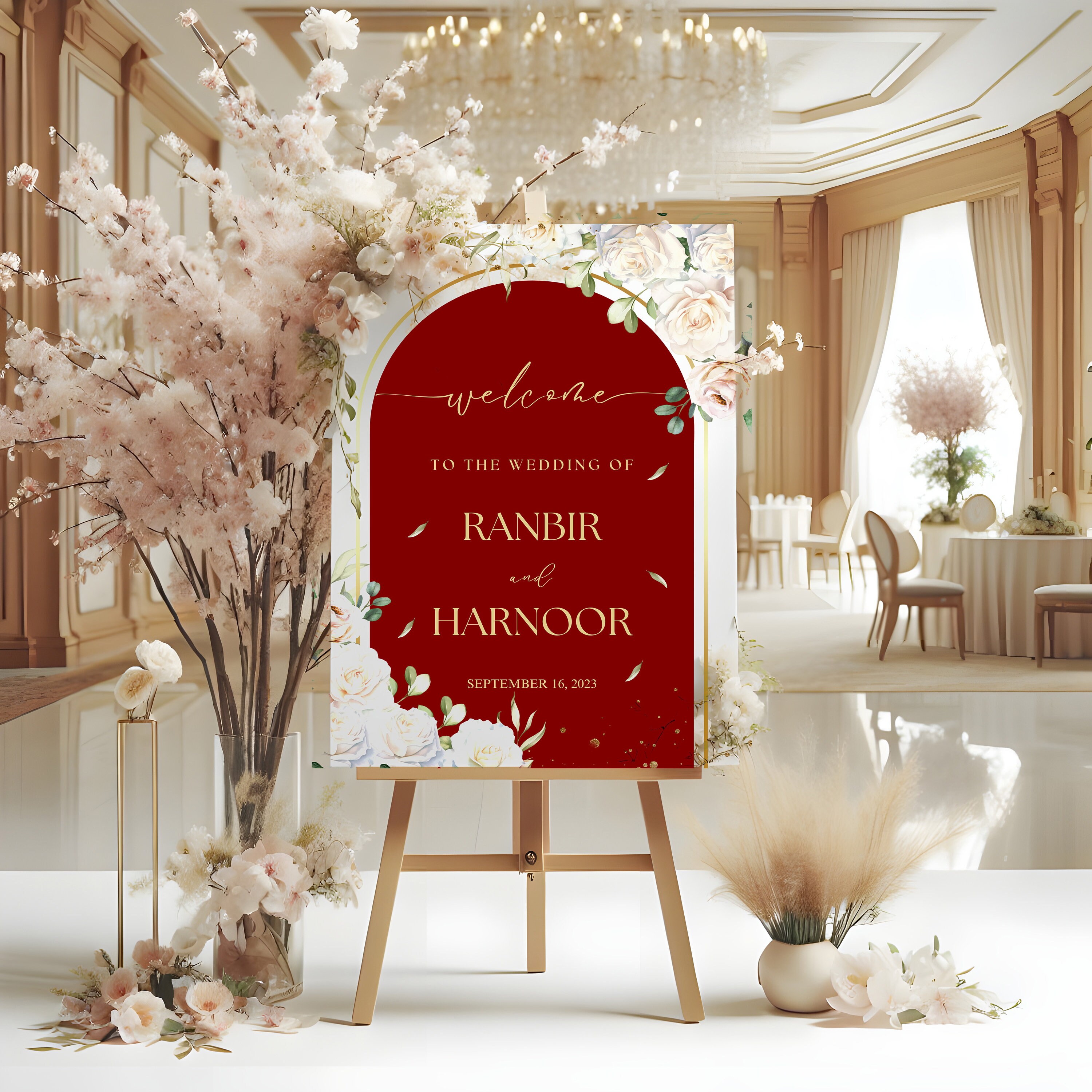Elegant Red Arch With White Roses Anand Karaj Welcome Sign for All Sikh ...