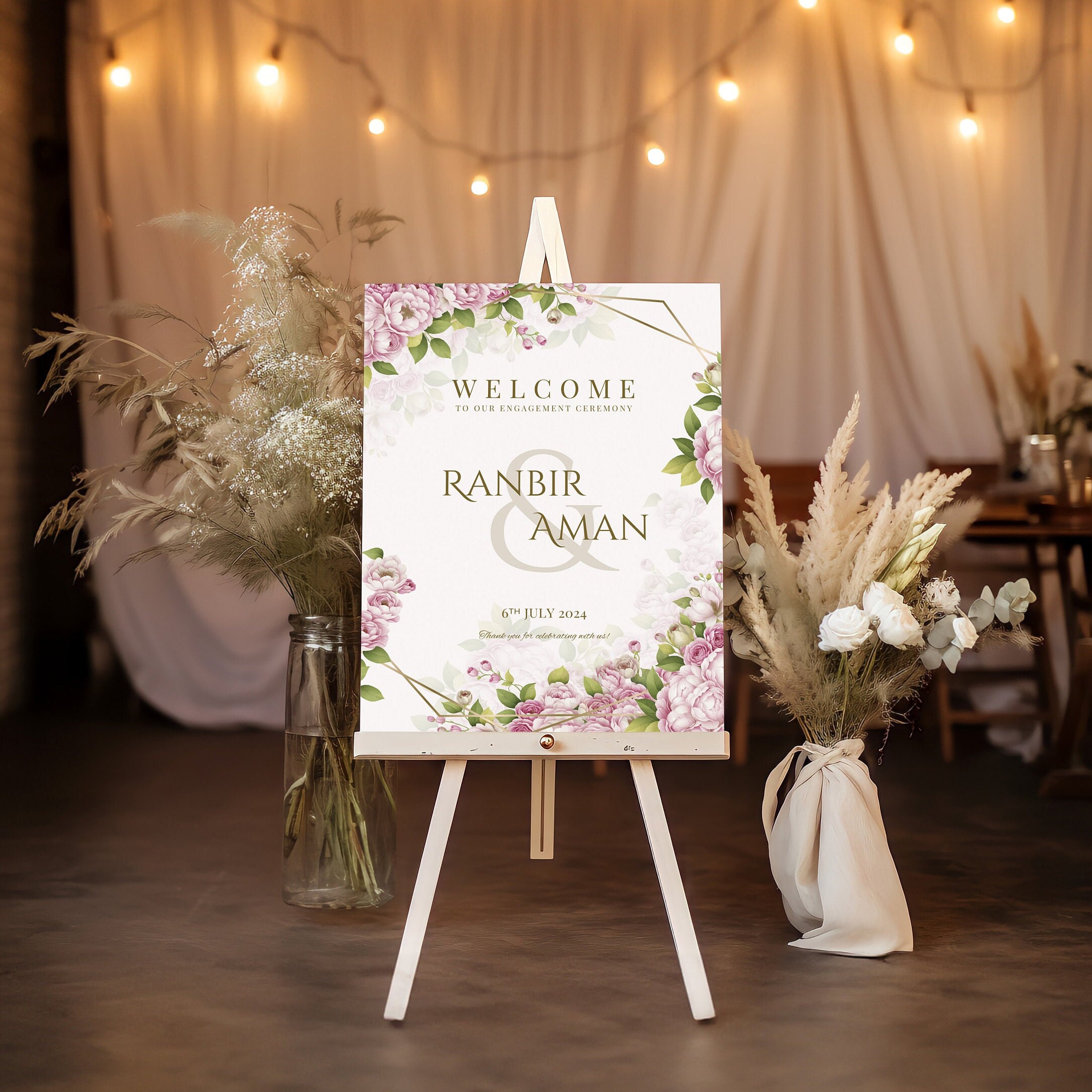 Pink Floral Frame Welcome Sign With Customizable for Reception, Roka ...