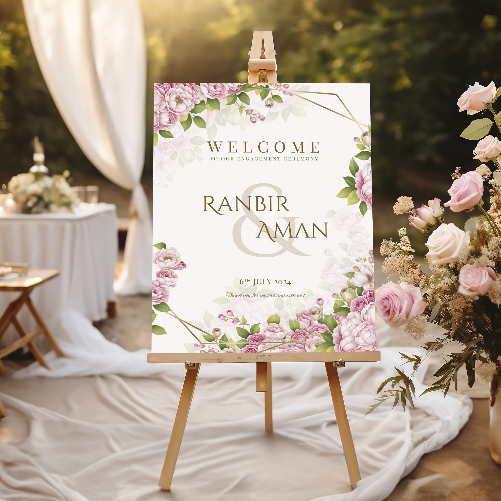 Pink Floral Frame Welcome Sign With Customizable for Reception, Roka ...
