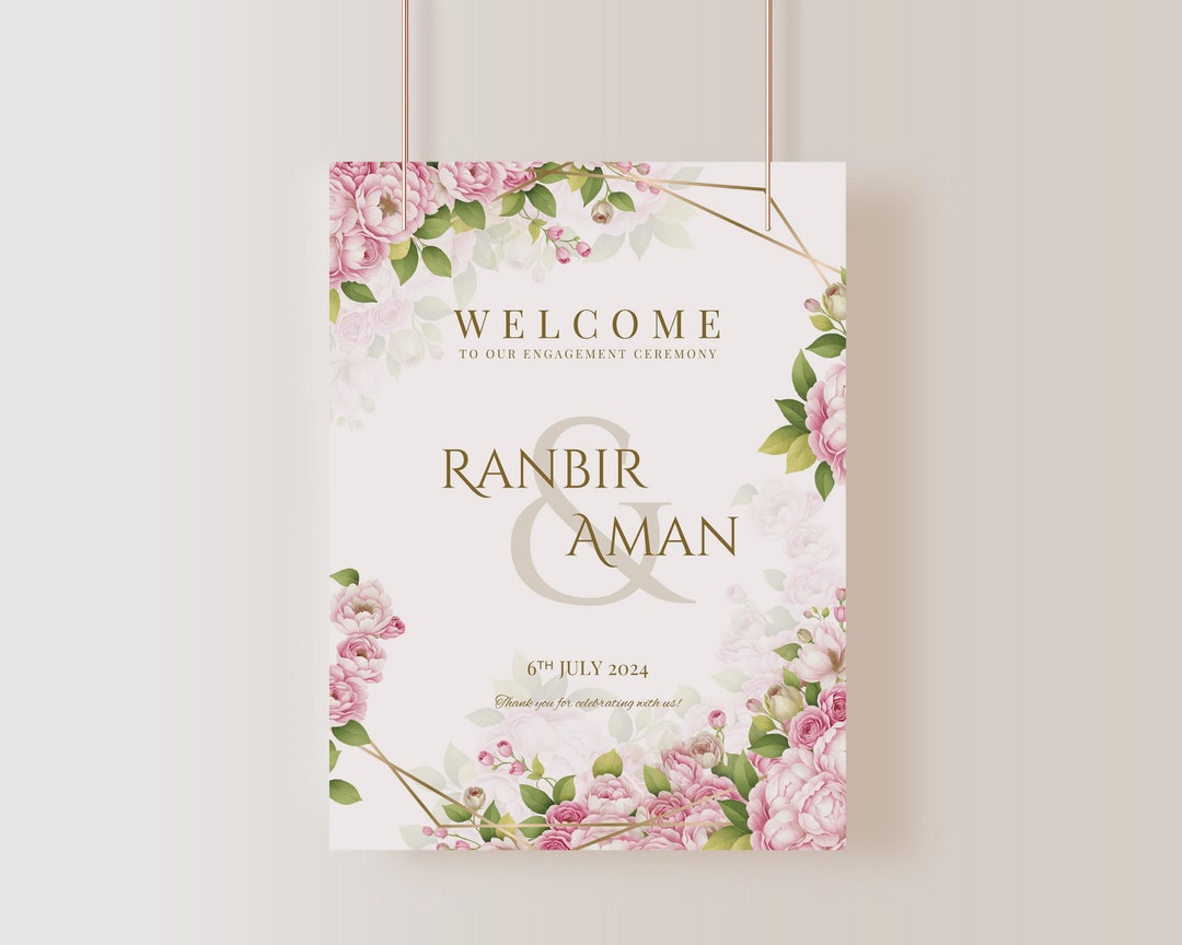 Pink Floral Frame Welcome Sign With Customizable for Reception, Roka ...