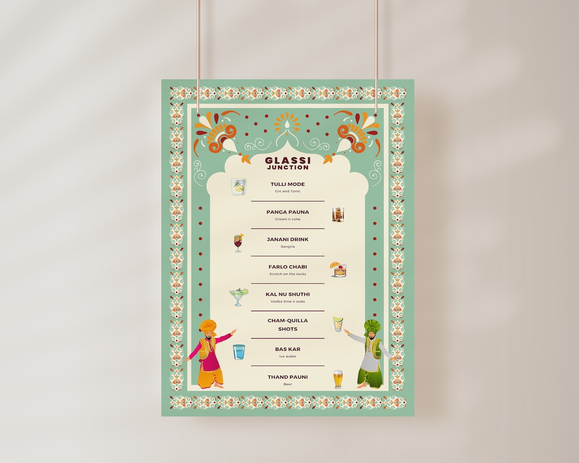 Customizable Drinks and Bar Menu Sign for Sangeet, Mayian, Mehndi, Jago ...