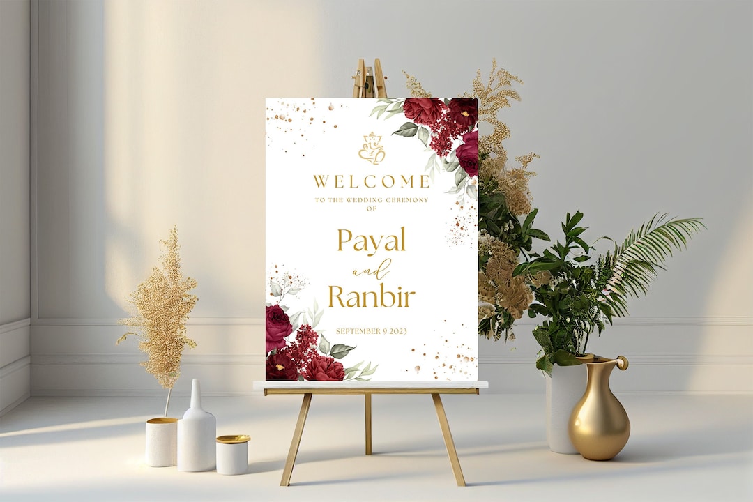 Maroon Floral Wedding Welcome Sign for Hindu, Gujarati, South Indian ...
