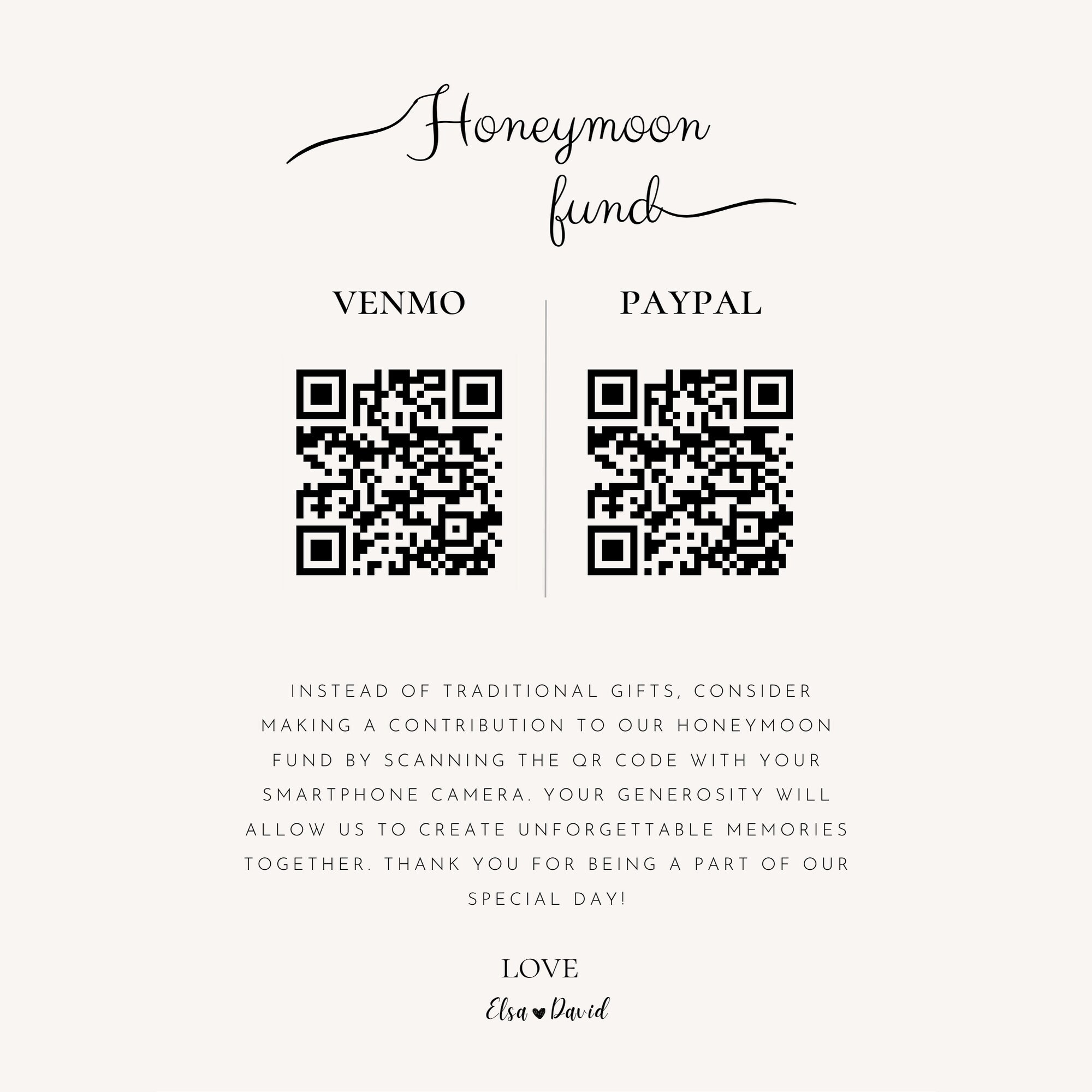 Honeymoon Fund QR Code Sign With Venmo and Paypal Convenient and Easy ...