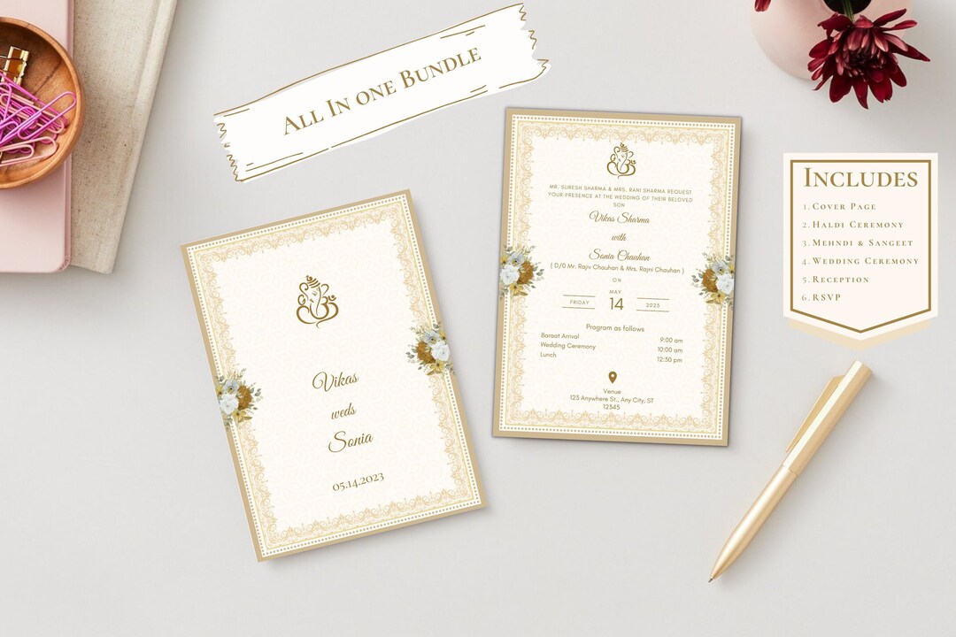 DIY Hindu Wedding Invitation Template All in One Bundle White and ...