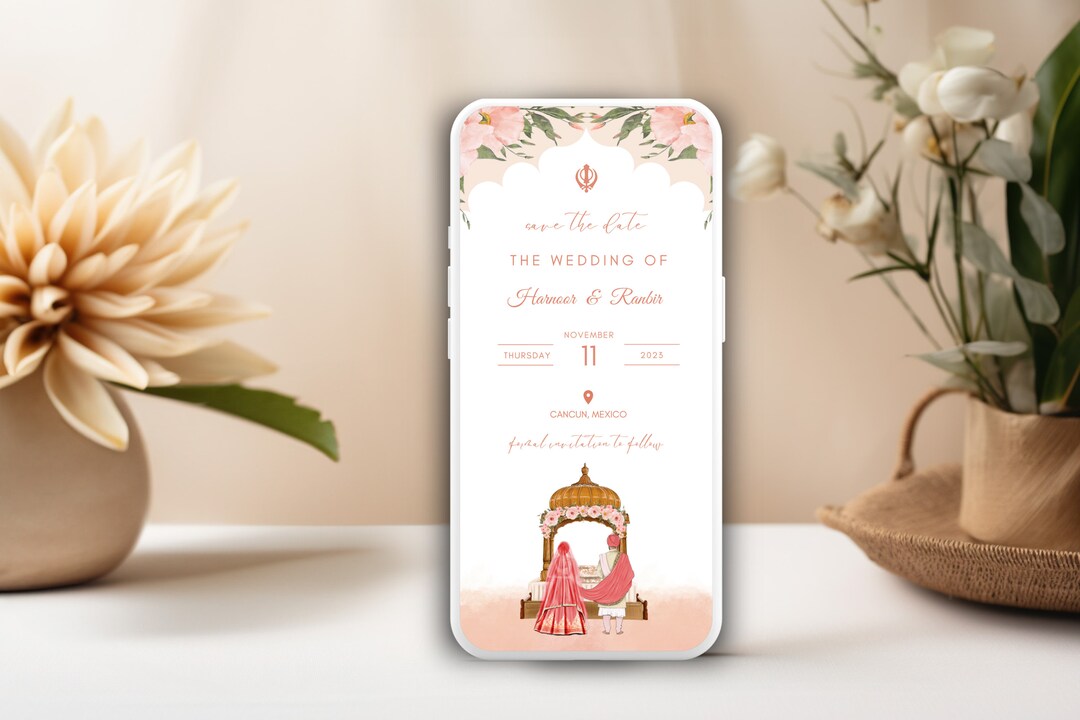 Peach Floral Sikh Save the Date Template - Instant Download for Your ...