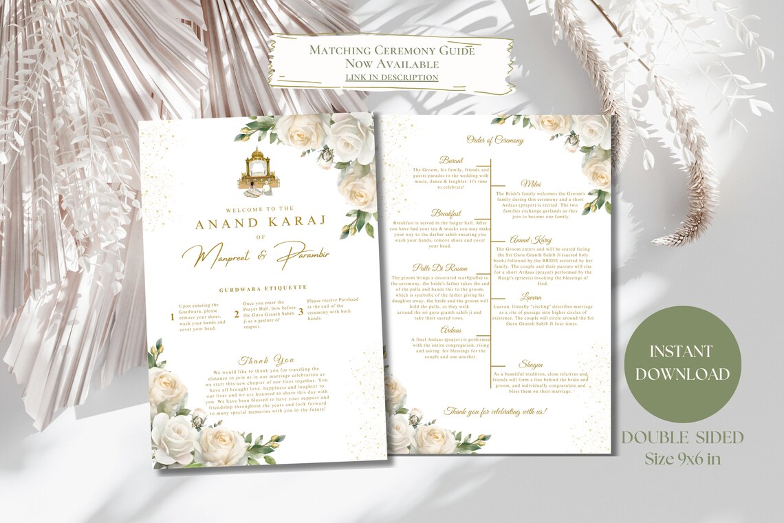 Green Sikh Wedding Invitation Template With Corner White Roses ...