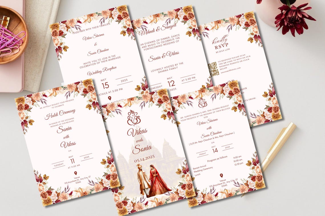 Hindu Wedding Invitation Bundle Fall Foliage Theme Illustration Instant ...