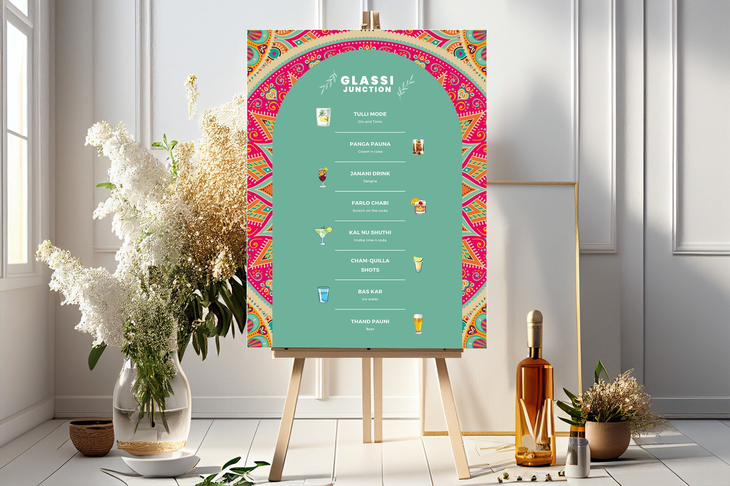 Customizable Drinks and Bar Menu Sign for Sangeet, Mayian, Mehndi, Jago ...