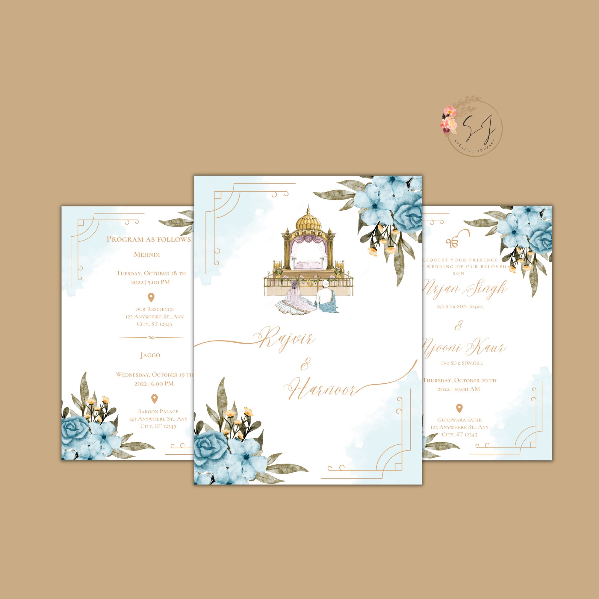Punjabi Wedding Card, Sikh Wedding Invitation, Anand Karaj, Light Blue ...