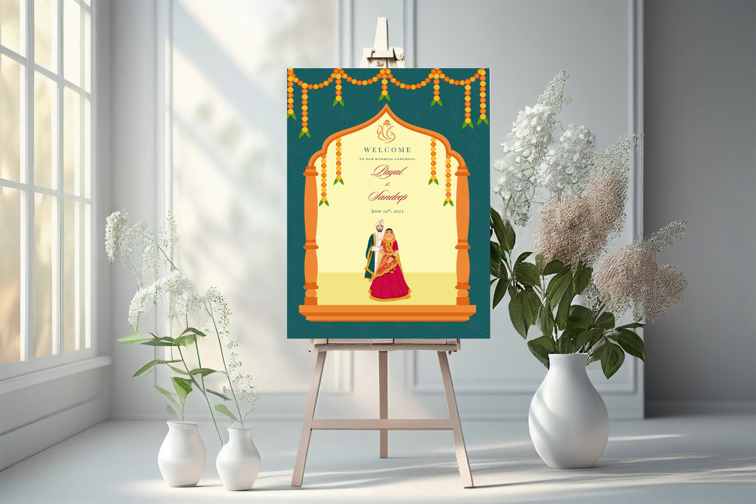 Traditional Hindu Wedding Welcome Sign With Lord Ganesha - Perfect ...