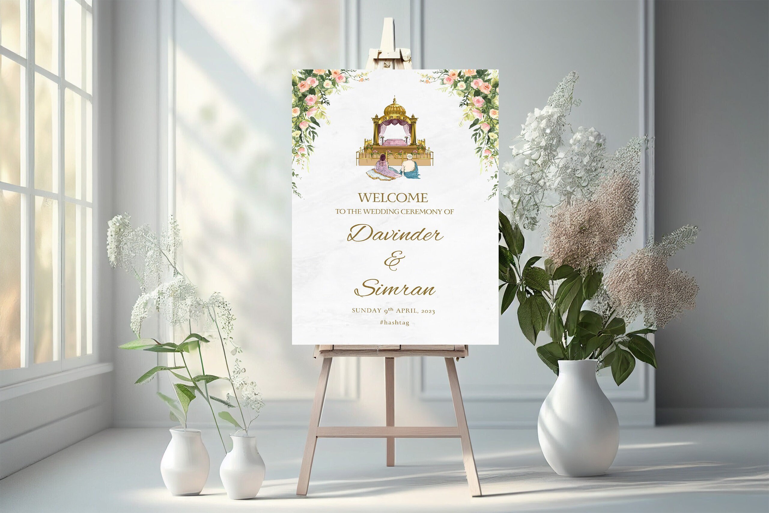 Elegant Sikh Wedding Welcome Sign Template With Floral Border and Bride ...