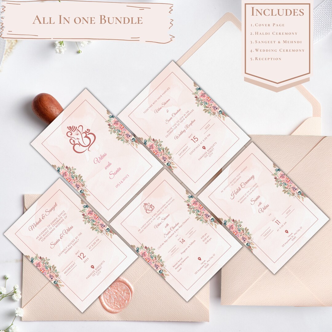 Hindu Wedding Invitation Bundle Instant Download | Haldi, Sangeet ...