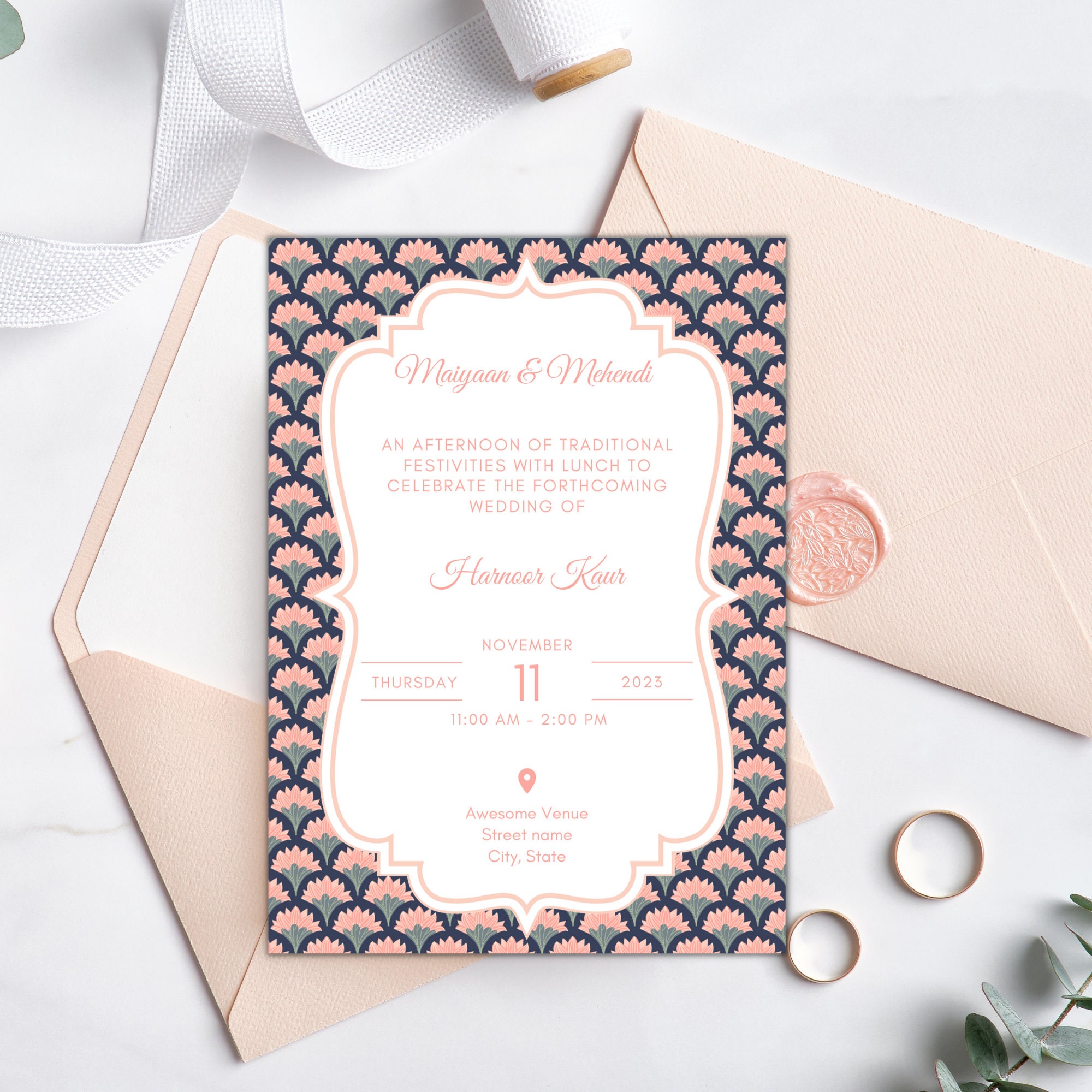 Sikh Wedding Lotus Pattern Invitation Bundle Instant Download Maiyan ...