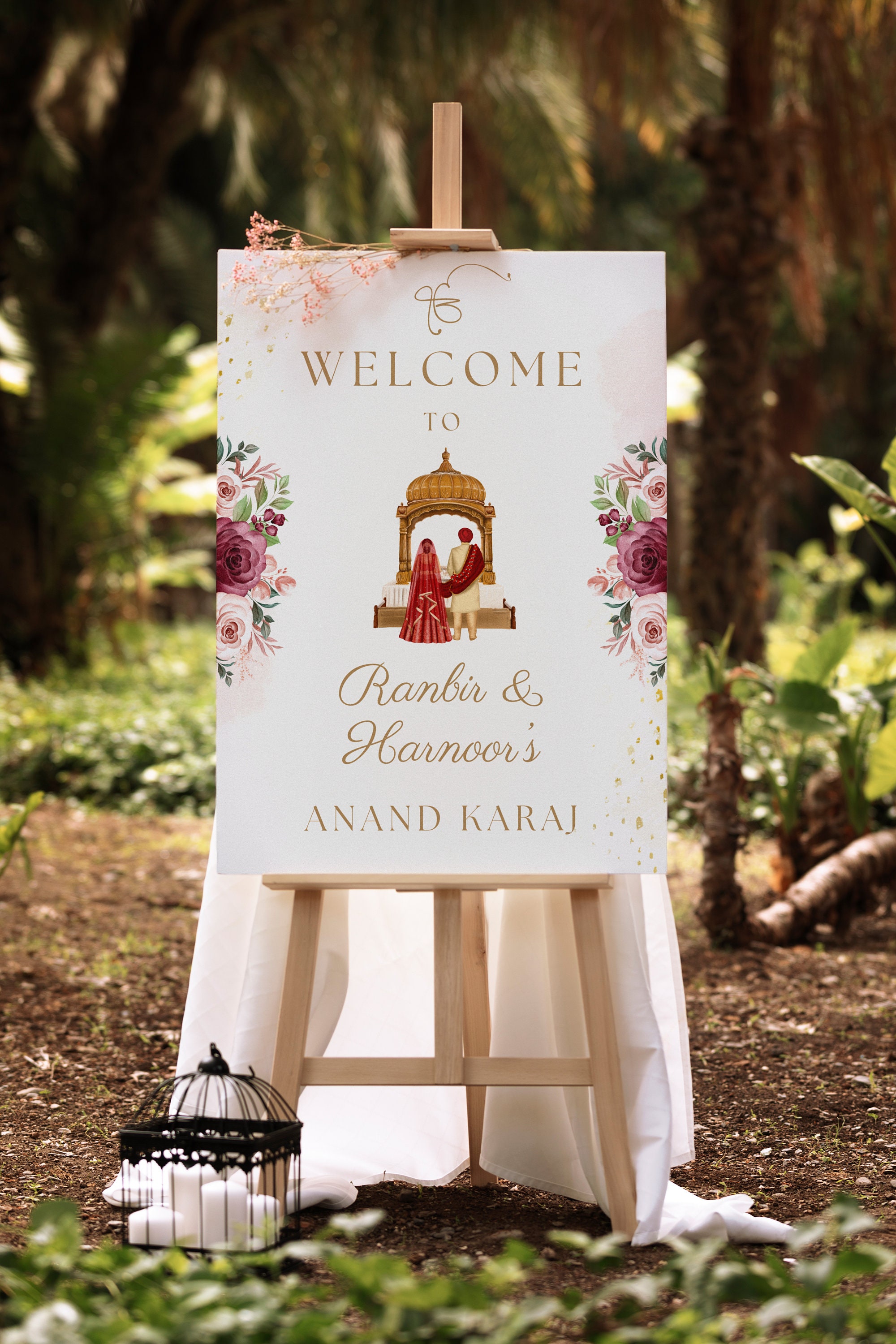 Anand Karaj Welcome Sign Sikh Wedding Sign With Couple Illustration ...