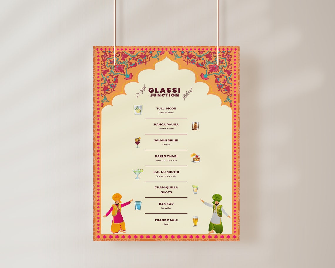 Customizable Drinks and Bar Menu Sign for Sangeet, Mayian, Mehndi, Jago ...