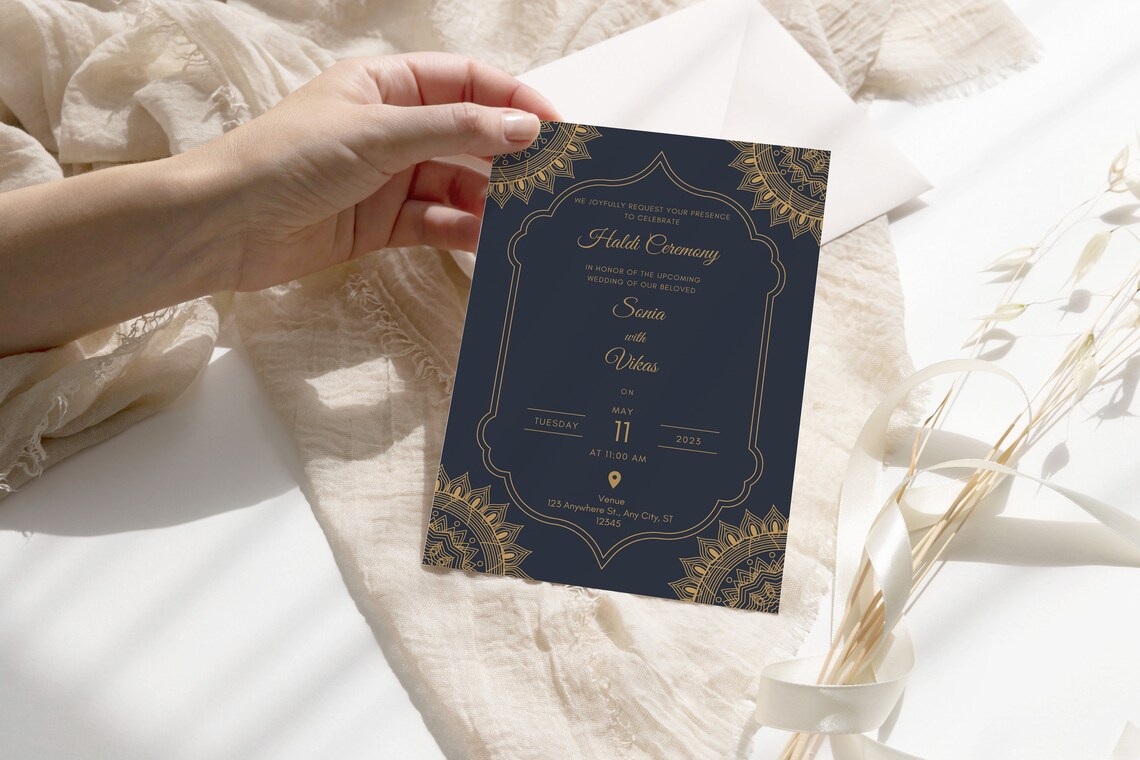 Blue and Gold Hindu Gujarati, South Indian Wedding Invitation Bundle ...
