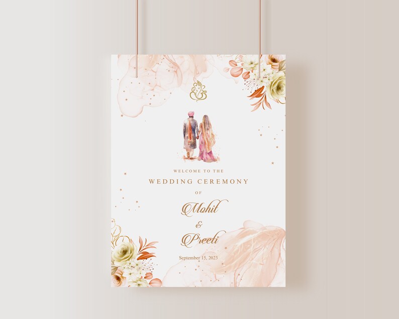 Peach Floral Couple Illustration Hindu Wedding Welcome Sign for ...