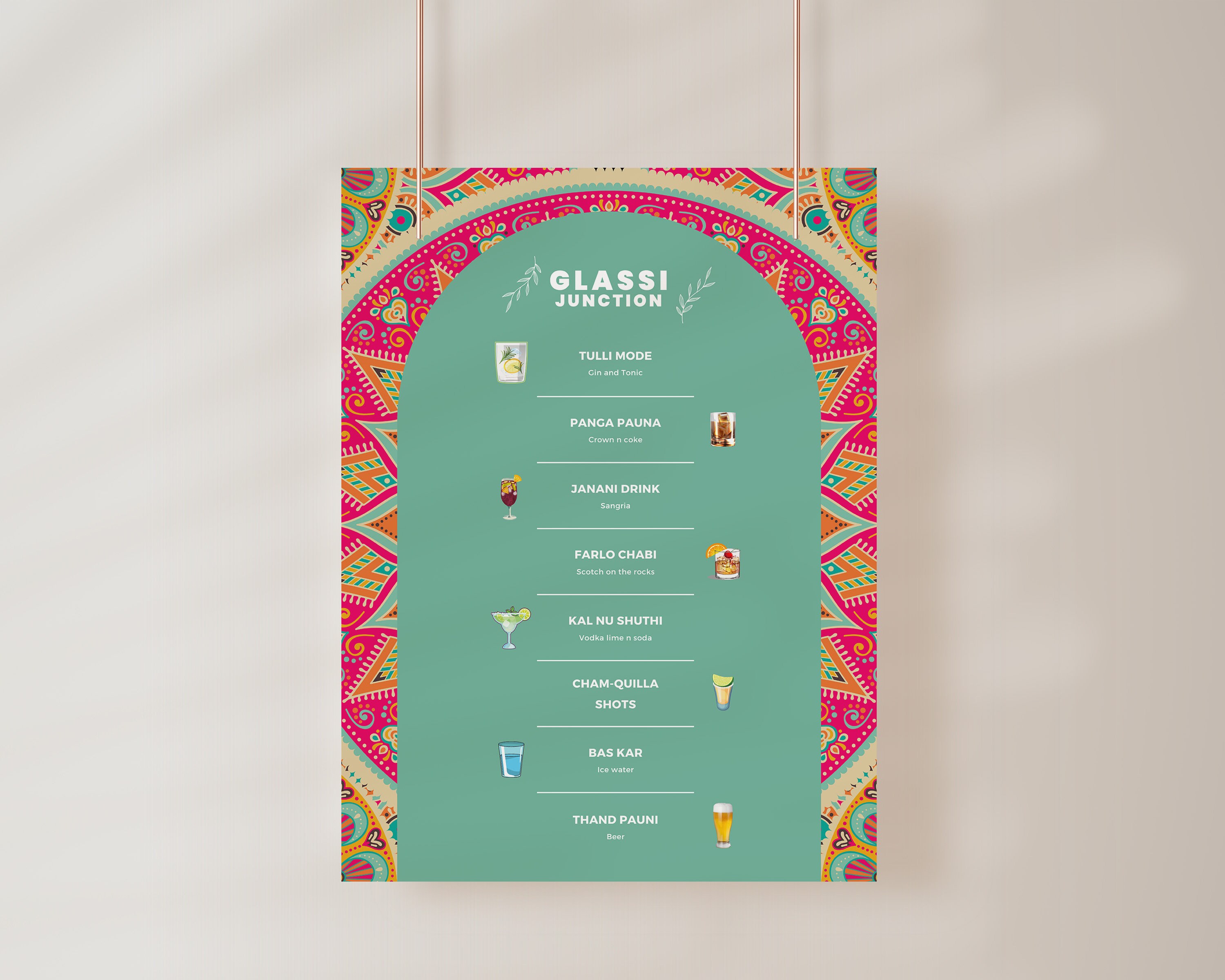 Customizable Drinks and Bar Menu Sign for Sangeet, Mayian, Mehndi, Jago ...