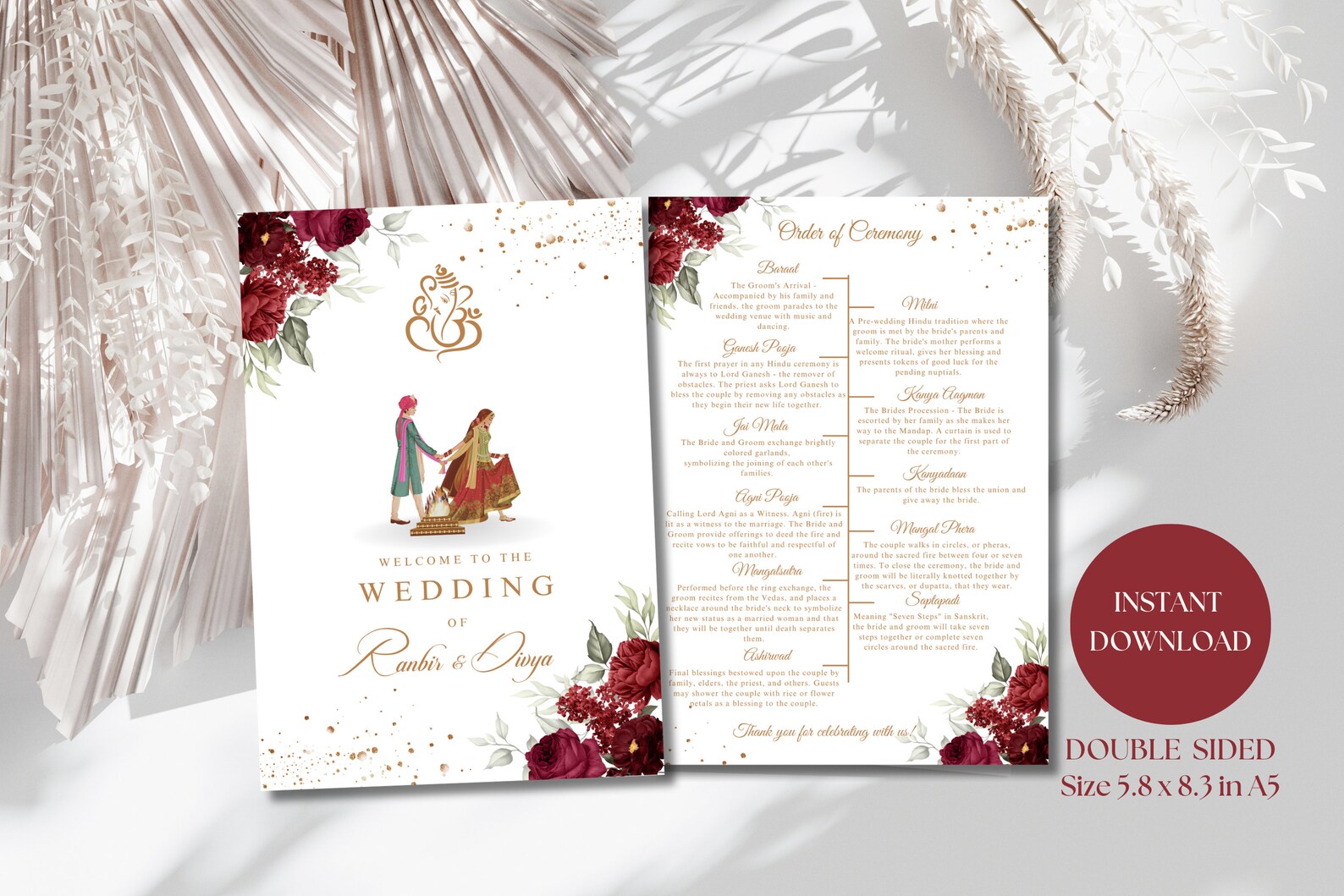 DIY Hindu Wedding Program Guide Maroon Floral Design, Wedding Ceremony ...