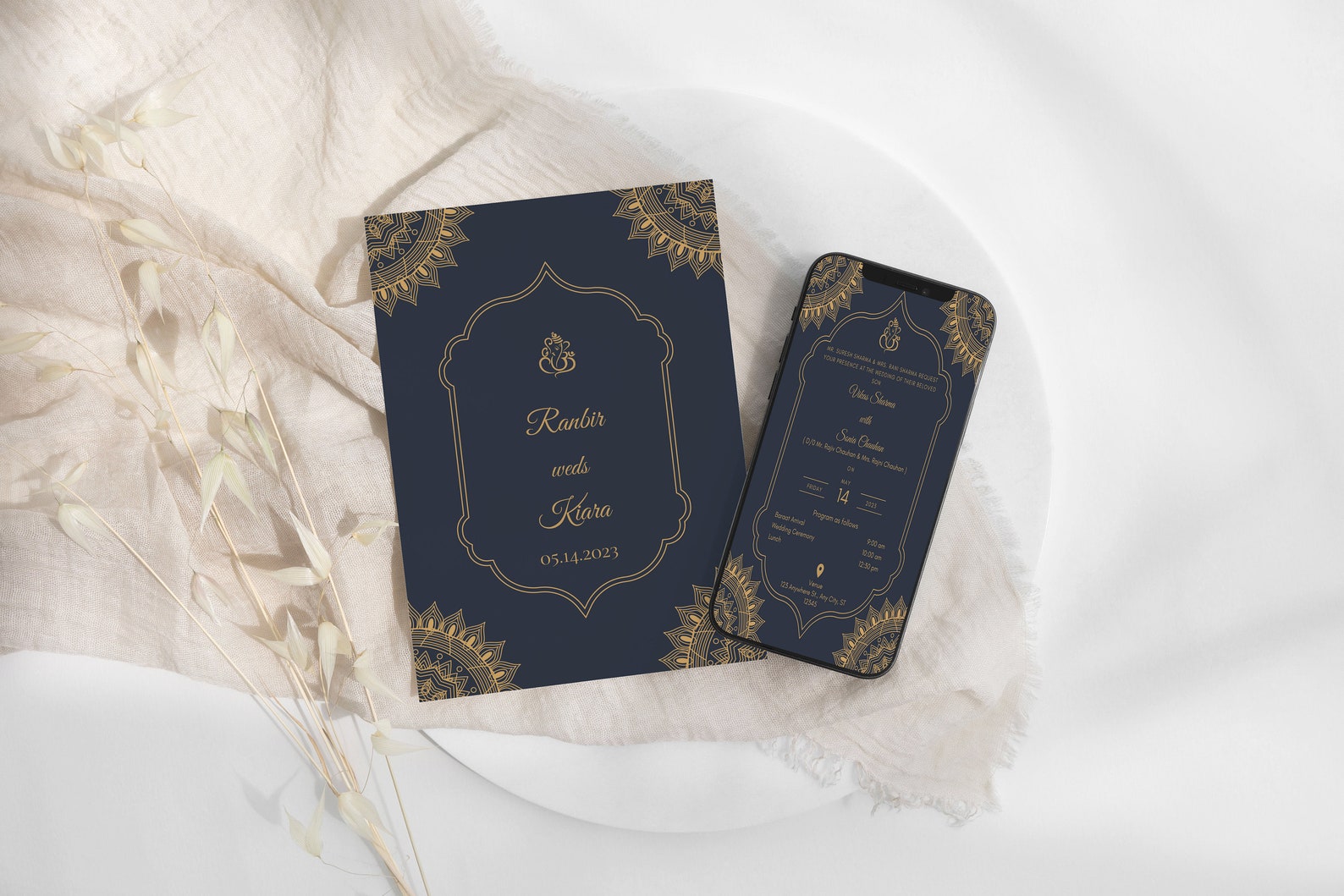 Blue and Gold Hindu Gujarati, South Indian Wedding Invitation Bundle ...