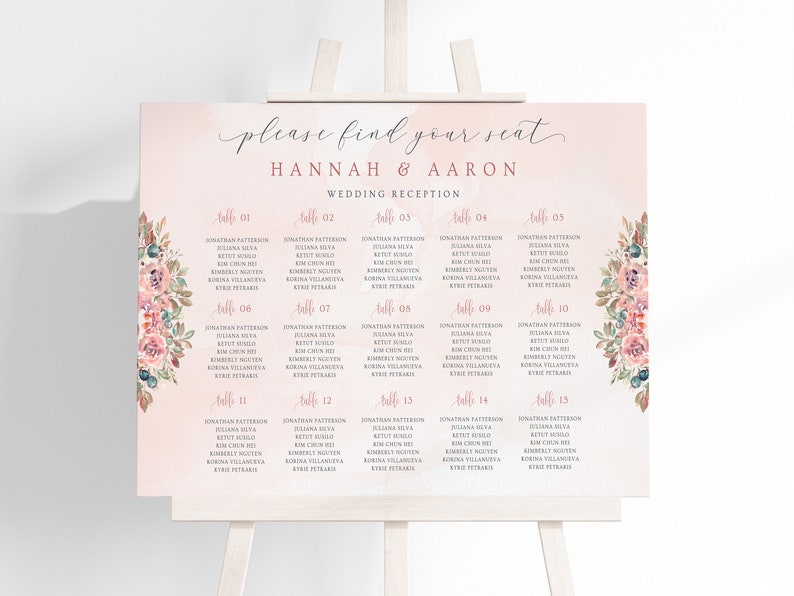 Floral Border DIY Pink Seating Chart A1 and 36x24 Sizes Wedding Decor ...