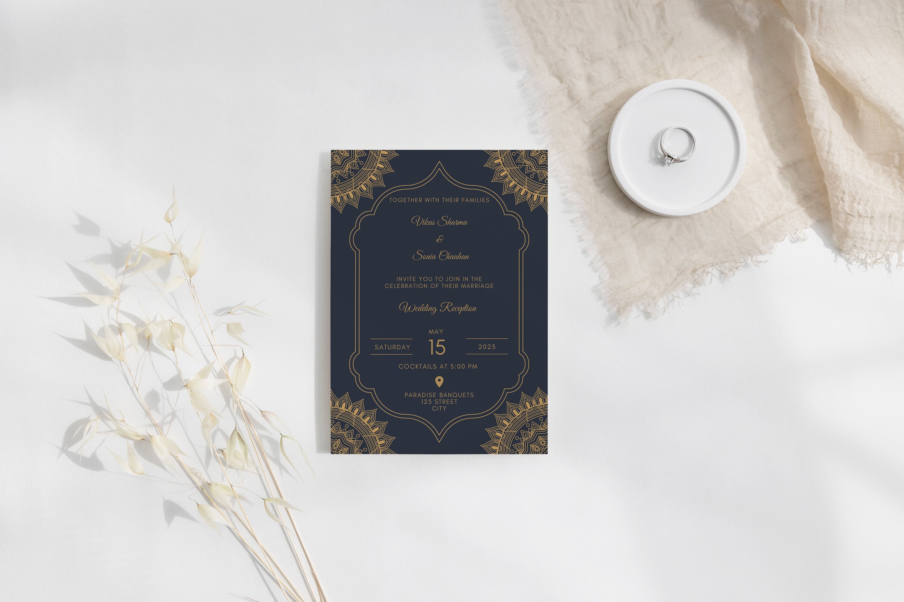 Blue and Gold Hindu Gujarati, South Indian Wedding Invitation Bundle ...