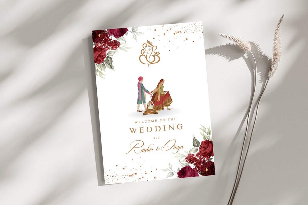 DIY Hindu Wedding Program Guide Maroon Floral Design, Wedding Ceremony ...