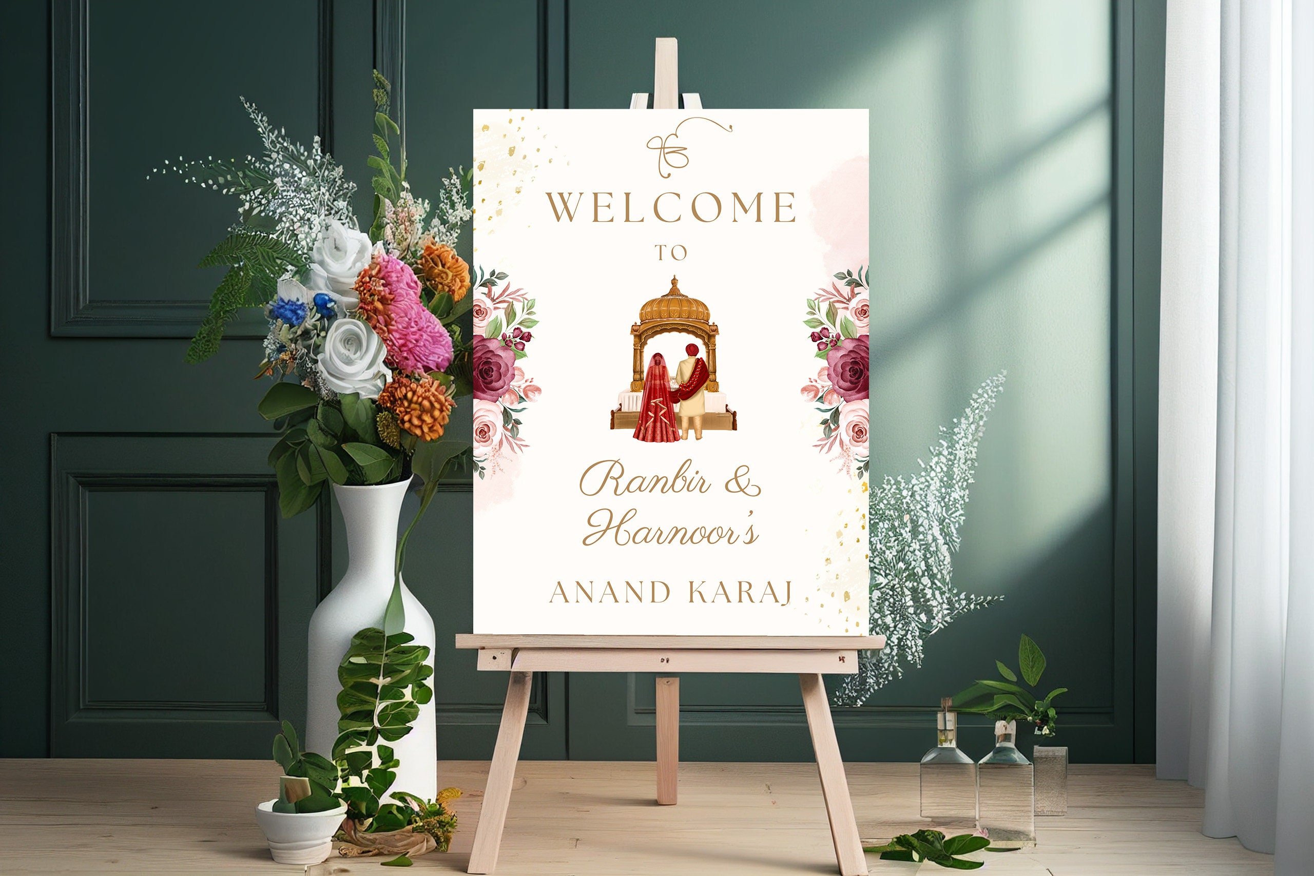Anand Karaj Welcome Sign Sikh Wedding Sign With Couple Illustration ...
