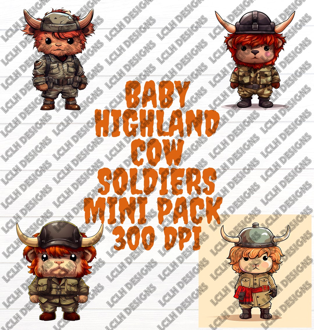 Baby Highland Cow Soldier Mini Pack, 300 DPI, PNG, Mini Bundle ...
