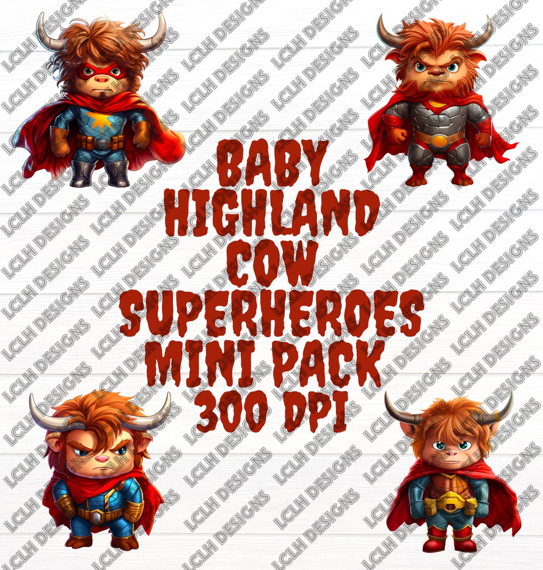 Baby Highland Cow Superhero Mini Pack, 300 DPI, PNG, Mini Bundle ...