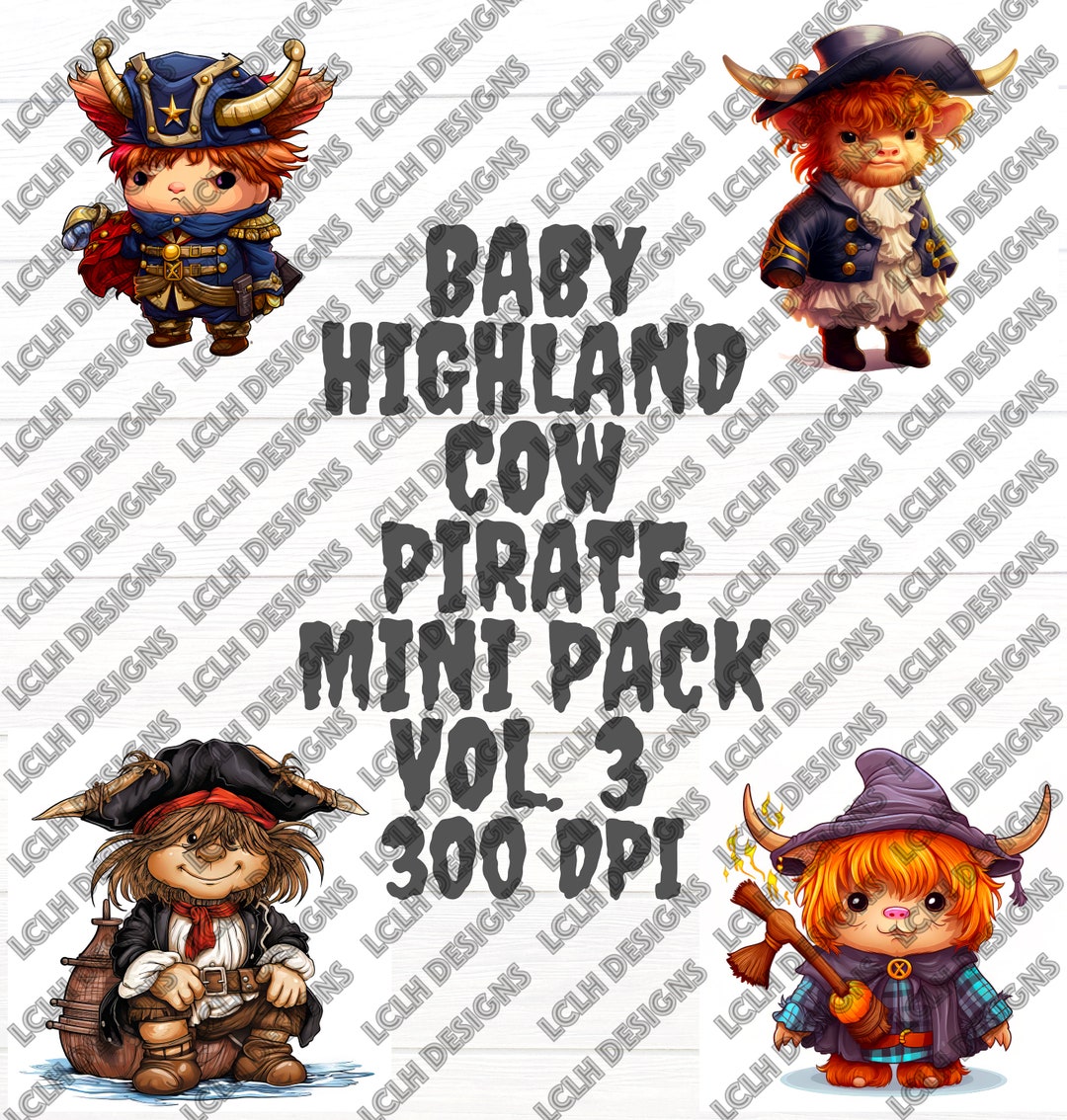 Baby Highland Cow Pirates Mini Pack Vol. 3, 300 DPI, PNG, Mini Bundle ...