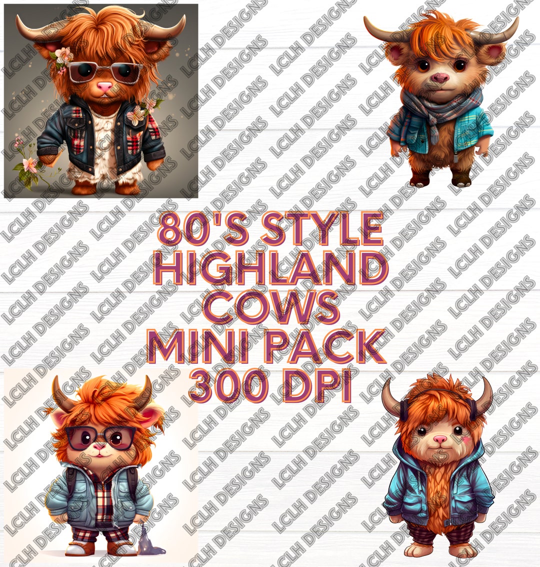 80's Style Baby Highland Cow Mini Pack, 300 DPI, PNG, Mini Bundle ...
