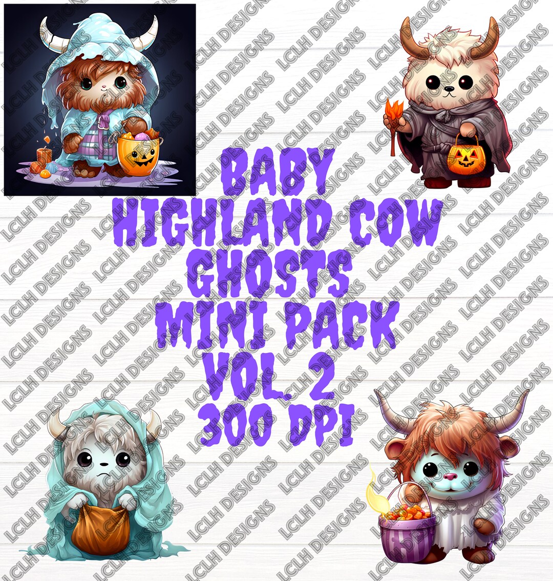 Baby Highland Cow Ghost Mini Pack #2, 300 DPI, PNG, Mini Bundle ...
