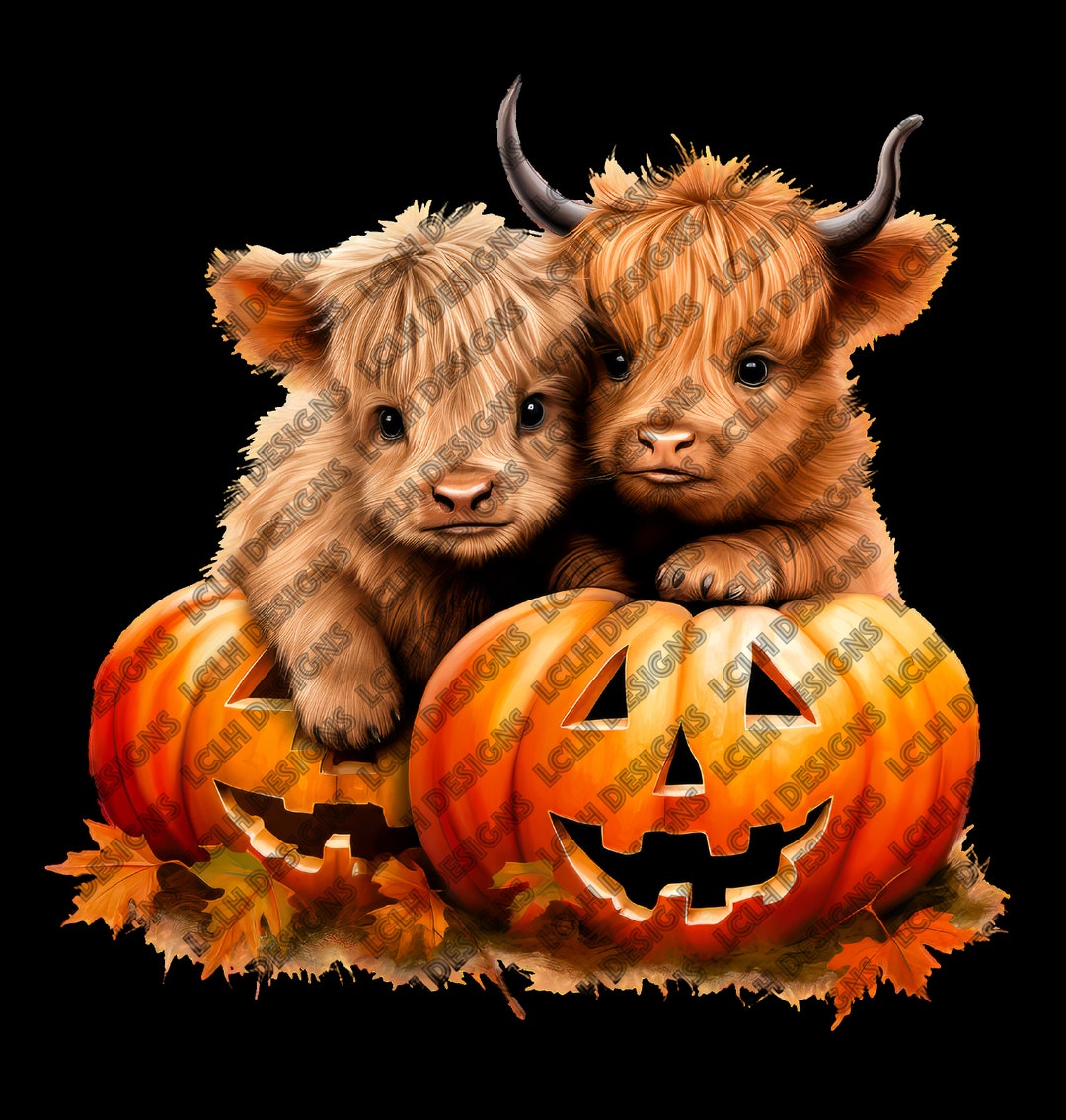 Two Halloween Baby Highland Cows With Jack-o-lanterns, Leaves, Fall ...