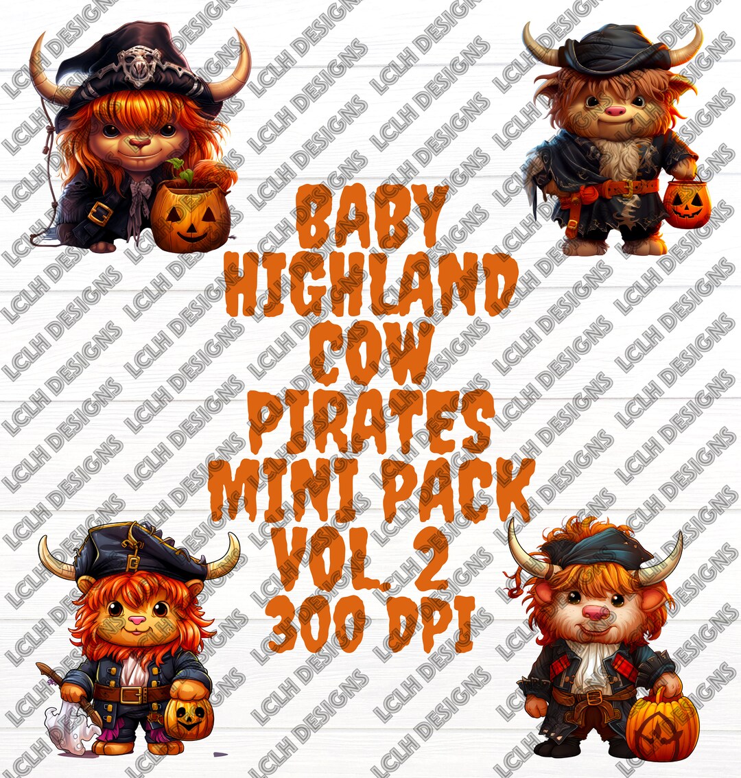 Baby Highland Cow Pirates Mini Pack Vol. 2, 300 DPI, PNG, Mini Bundle ...