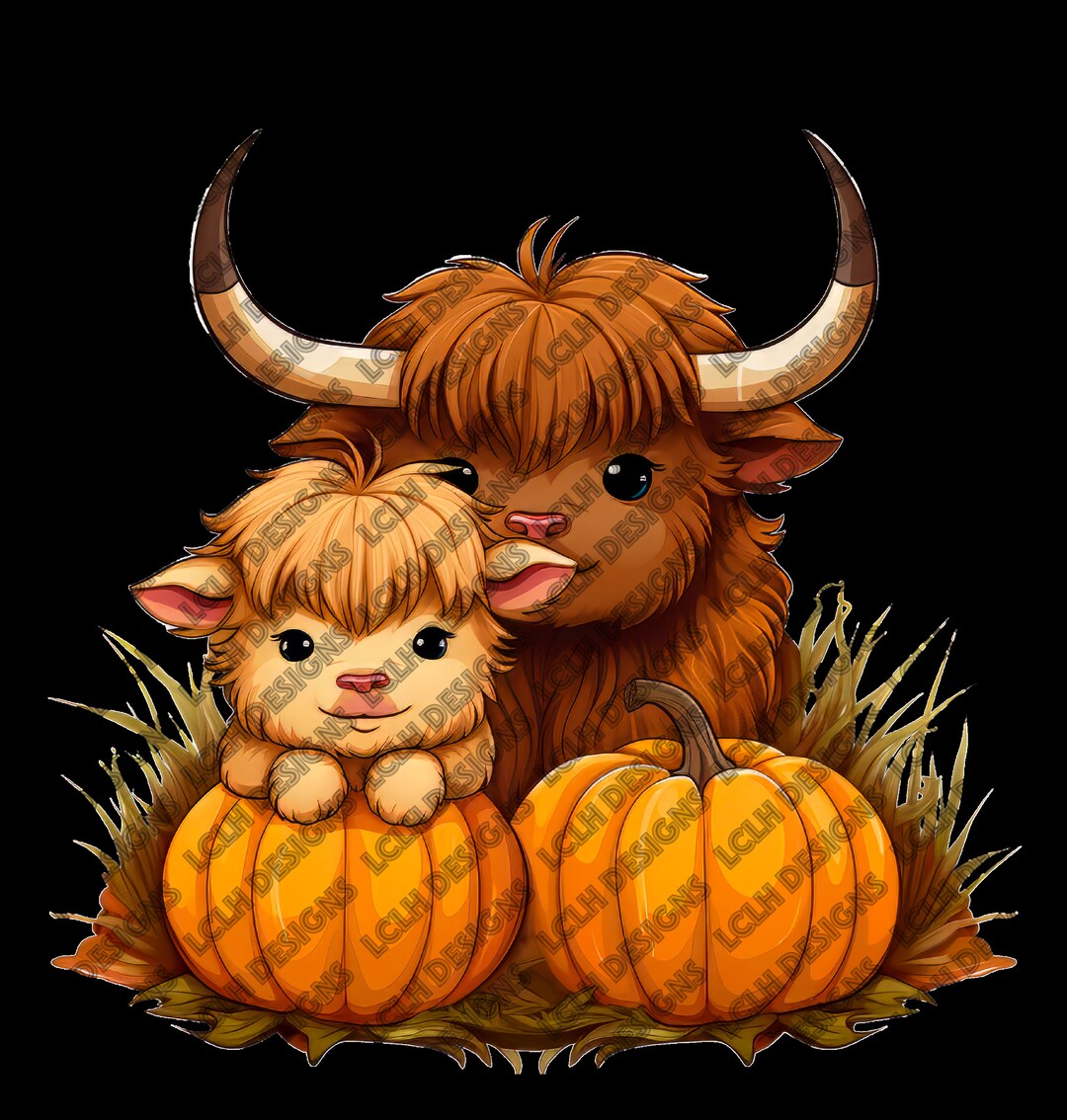 Two Halloween Baby Highland Cows With Pumpkins, Leaves, Fall, Cute ...