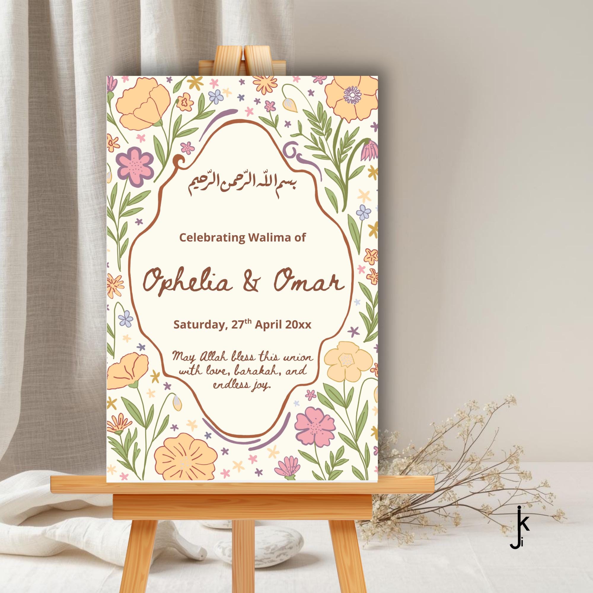 Elegant Islamic Wedding Welcome Board, Botanical Hand-drawn Nikah ...