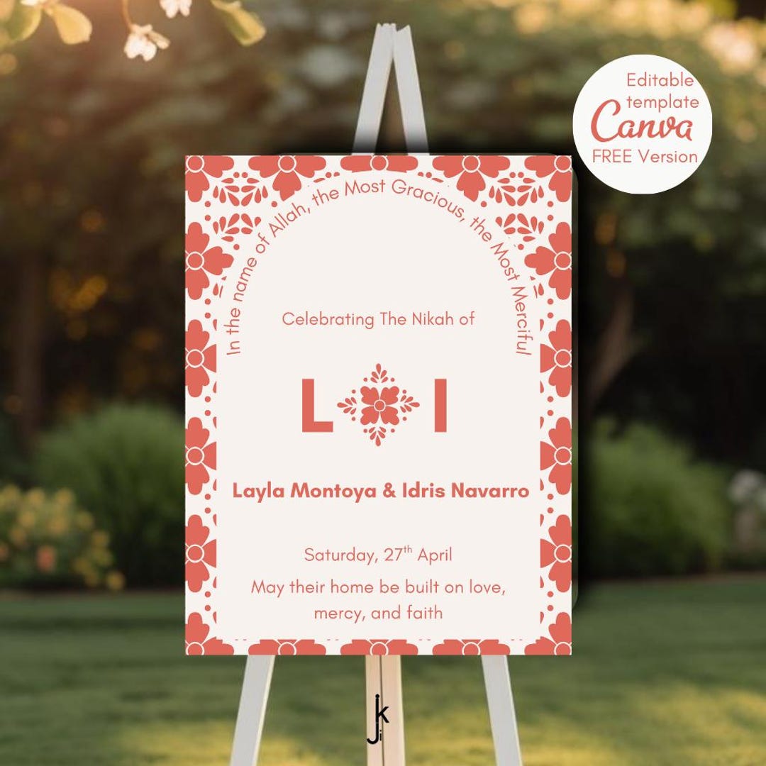 Islamic Marriage Canva Template, Red Beige Boho Pattern Walima Signage ...