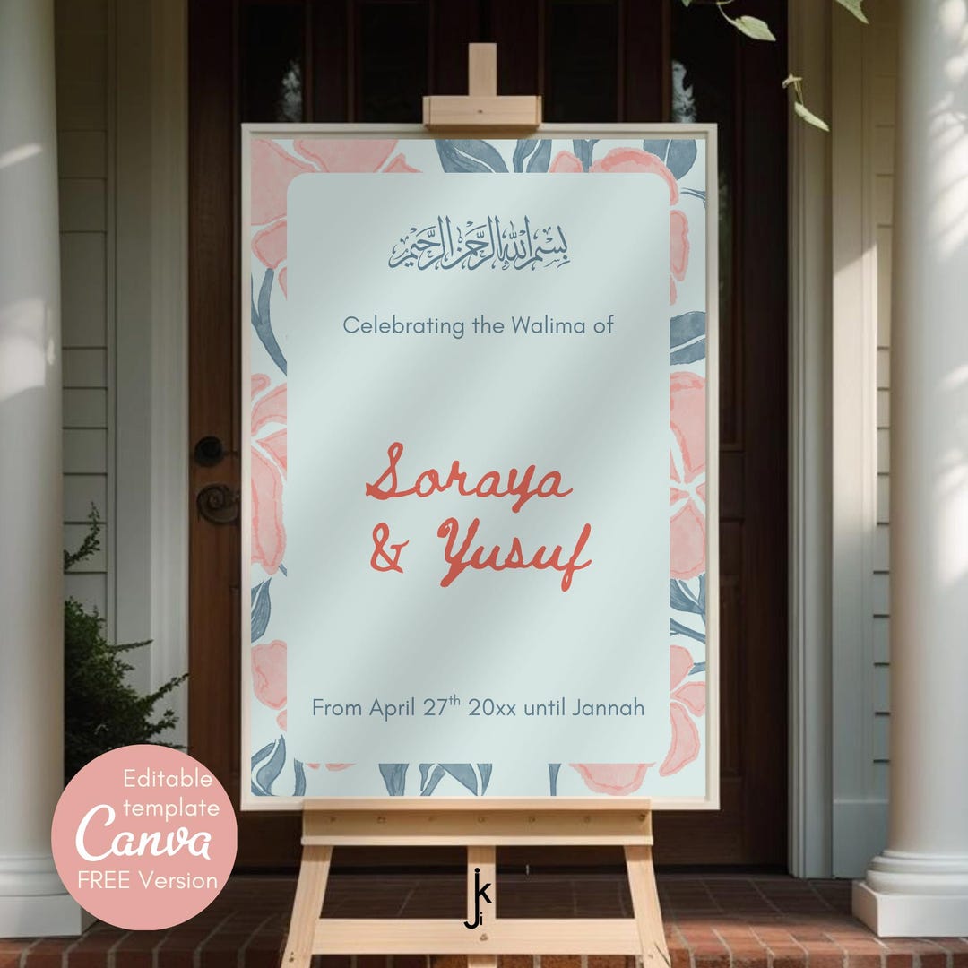Soft Pastel Watercolor Walima Canva Template, Turquoise Pink Signage ...