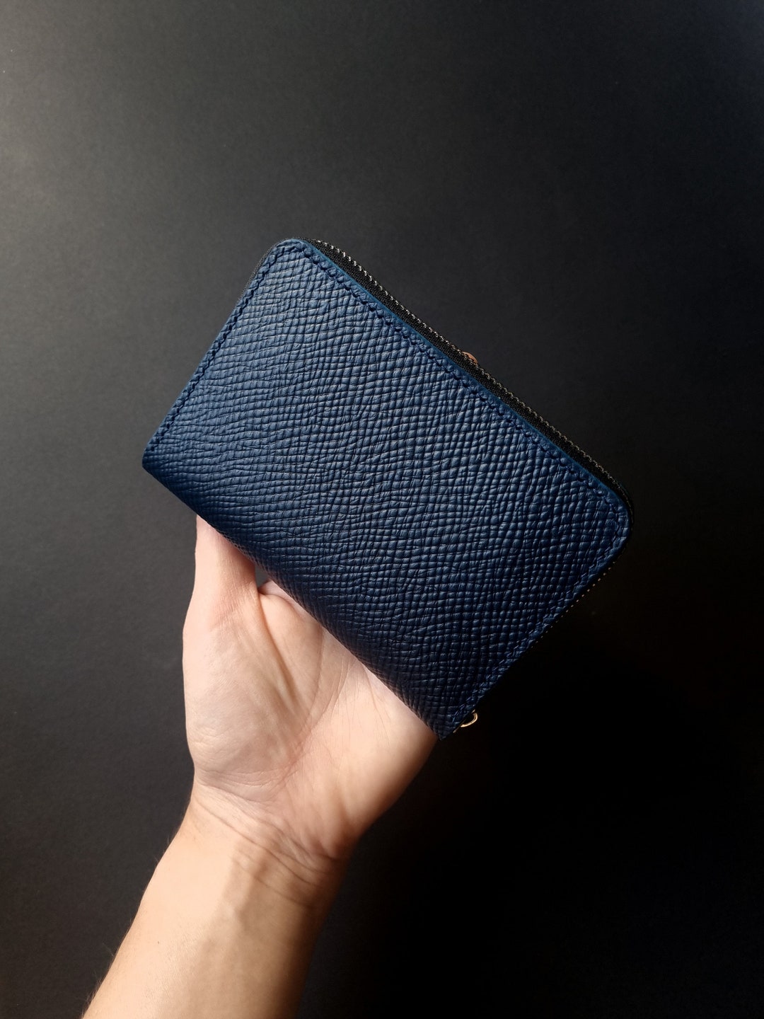 Chic Blue Zipper Wallet in Luxe Buttero Hatch Leather, Premium Leather ...