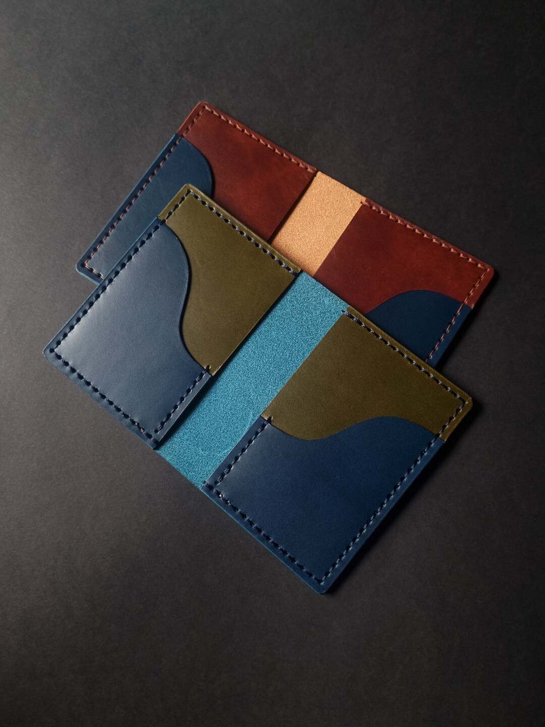 Two-color Leather Card Wallet - Full Grain Leather Card Holder - Earthy ...