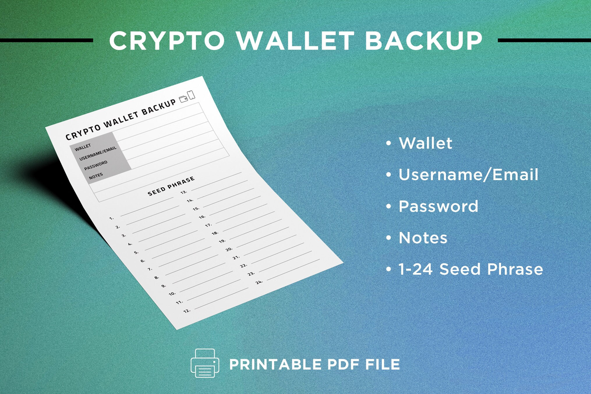 Crypto Seed Phrase Backup - Half Page, Printable, 5.5" X 8.5" Template ...