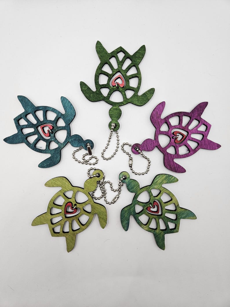 Sea Turtle Keychain With Hanging Heart Wood Laser-cut Color Stained Key ...