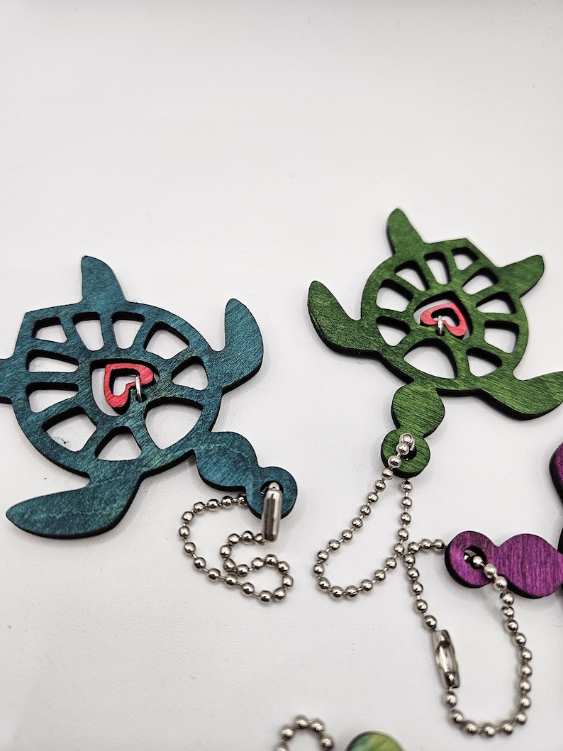 Sea Turtle Keychain With Hanging Heart Wood Laser-cut Color Stained Key ...