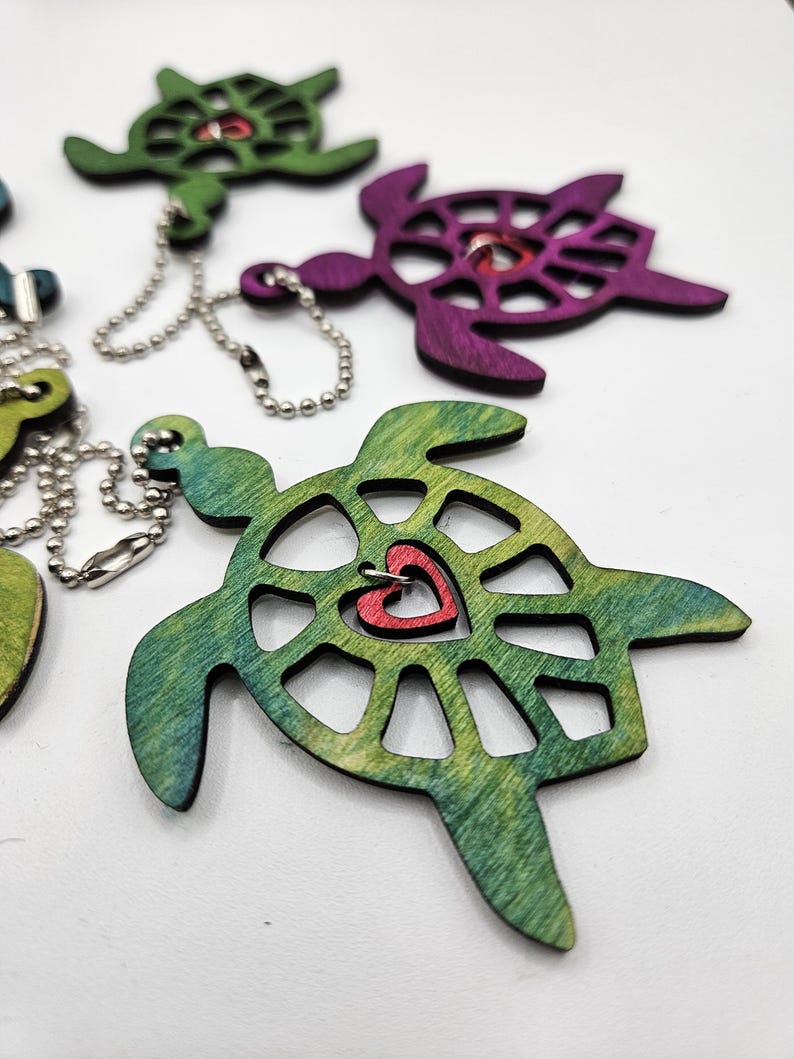 Sea Turtle Keychain With Hanging Heart Wood Laser-cut Color Stained Key ...