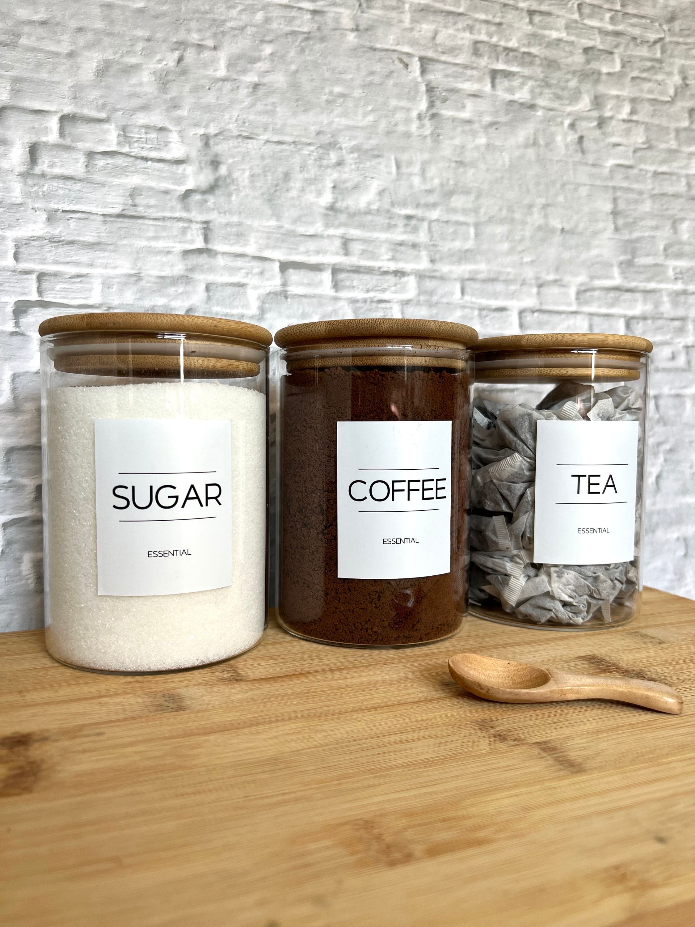 Tea Sugar Coffee, Set of 3 Glass Jars, Canister With Bamboo Lid, Minimalist Home, Kitchen Food ...