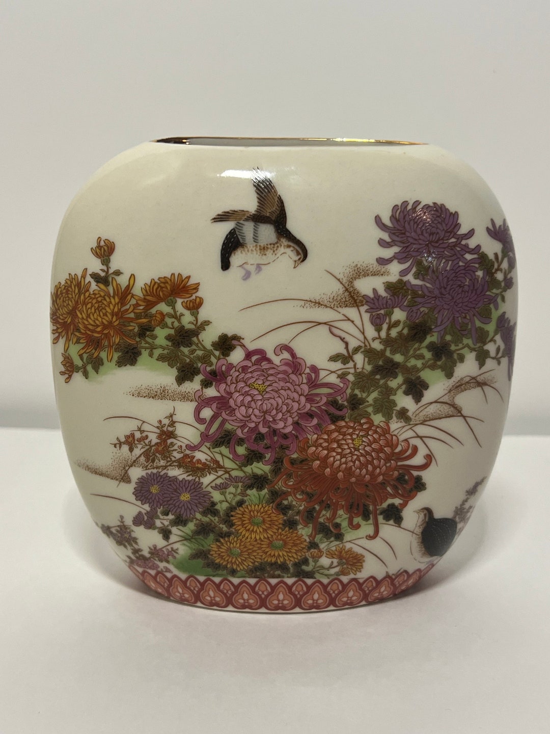 Vtg Shibata Japanese Porcelain Oval Vase Chrysanthemum Peasant Birds - Etsy