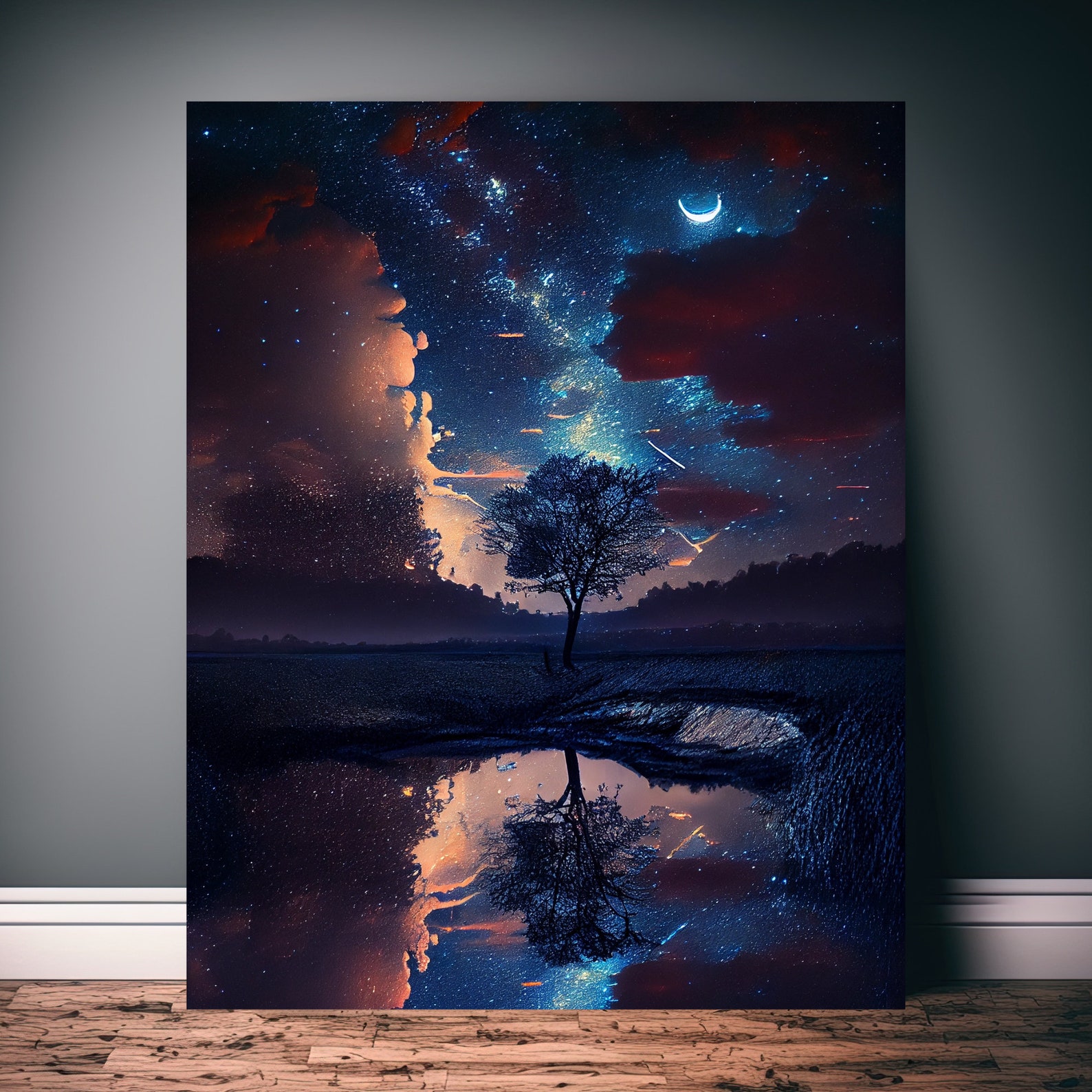 Starry Night Sky Canvas Print Twilight Reflection Tree Wall Art Milky ...